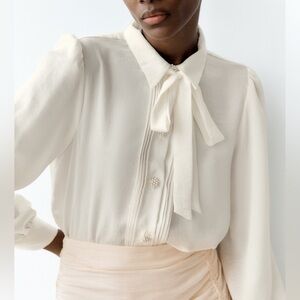 Zara | Tops | Zara Blouse Shirt Top Satin Effect Jewel Button Neck Bow ...